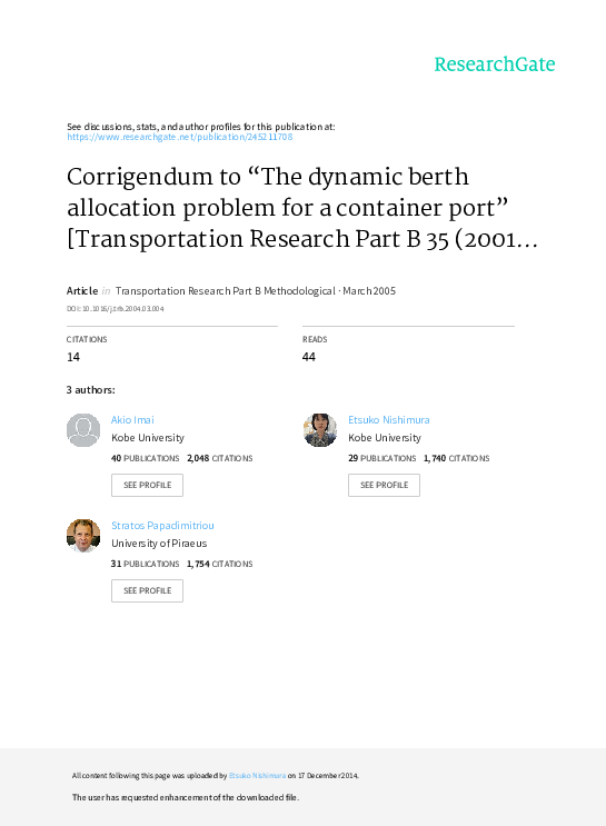 (PDF) Corrigendum to “The dynamic berth allocation problem for a container port” [Transportation ...