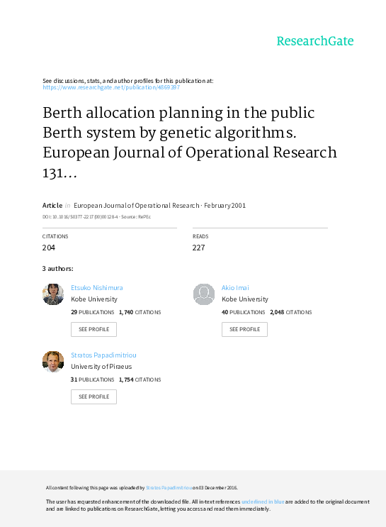 (PDF) Berth allocation planning in the public berth system by genetic algorithms