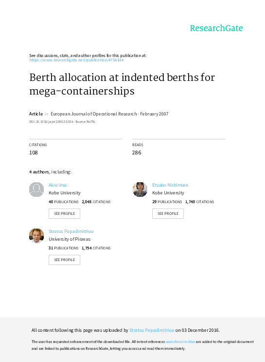 (PDF) Berth allocation at indented berths for mega-containerships