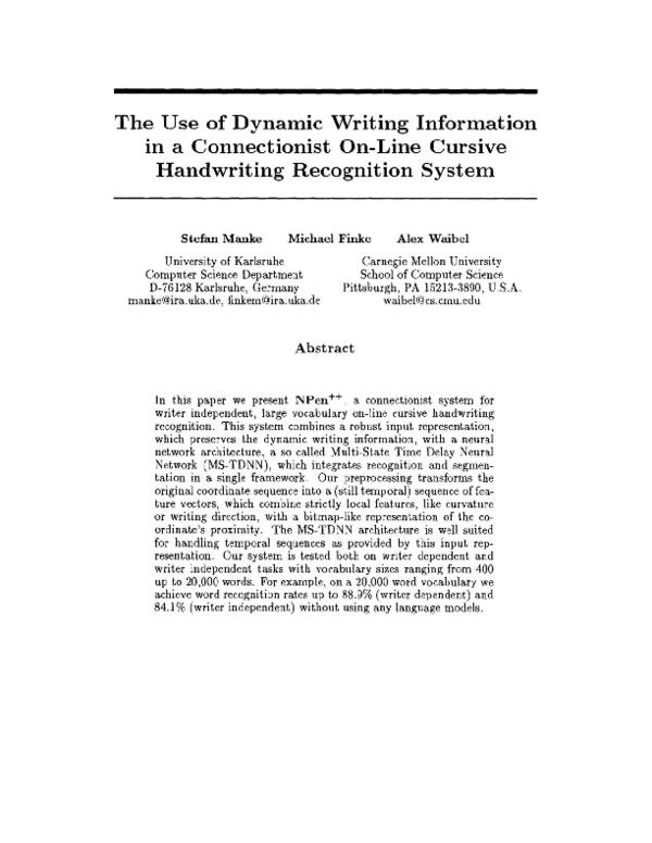(PDF) The use of dynamic writing information in a connectionist on-line cursive handwriting ...