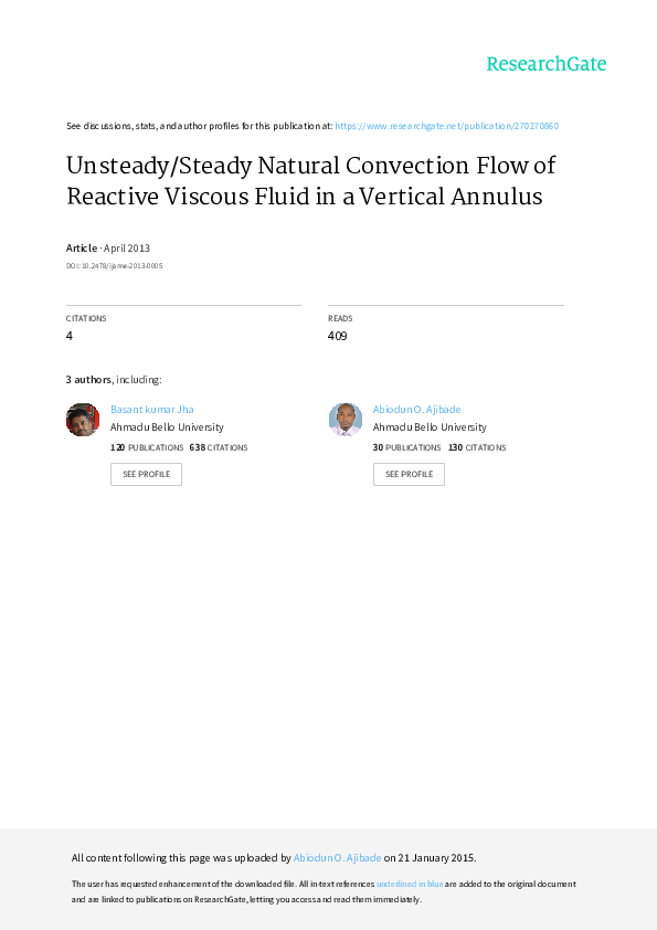 Pdf Unsteadysteady Natural Convection Flow Of Reactive Viscous Fluid In A Vertical Annulus