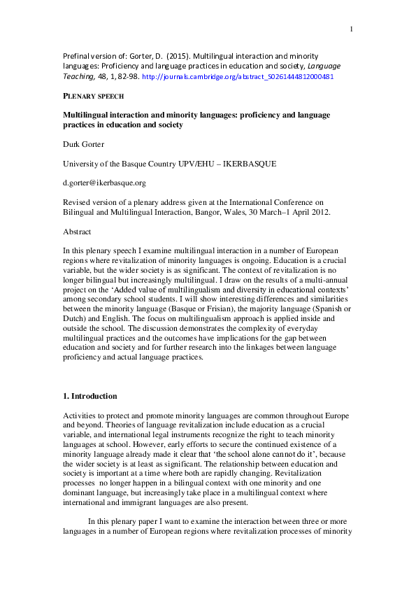 (PDF) Multilingual interaction and minority languages: Proficiency and language practices in ...