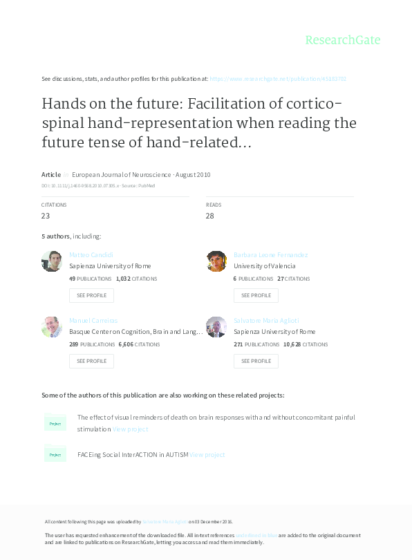 (PDF) Hands on the future: facilitation of cortico-spinal hand ...