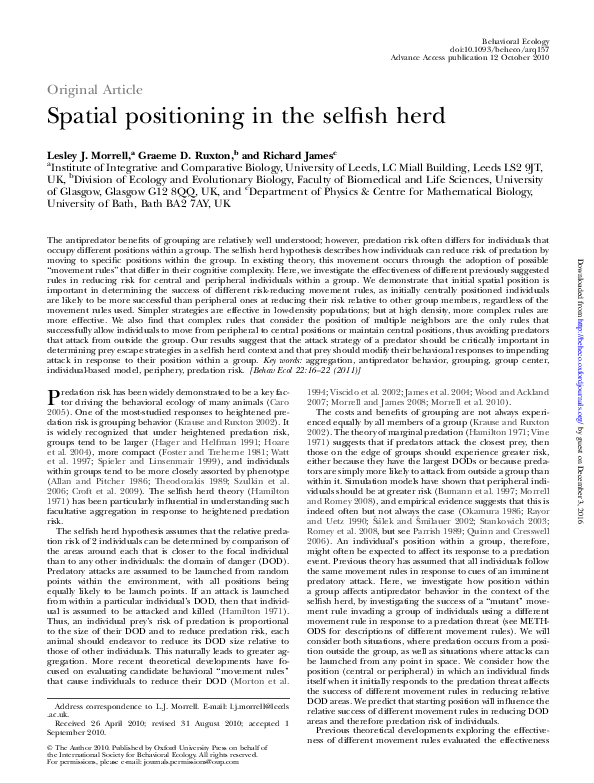 (PDF) Spatial positioning in the selfish herd