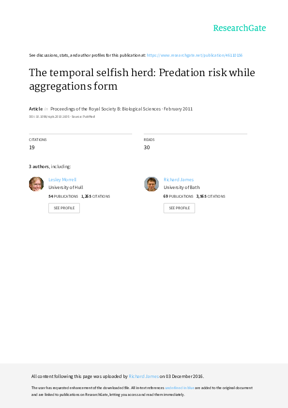 (PDF) The temporal selfish herd: predation risk while aggregations form