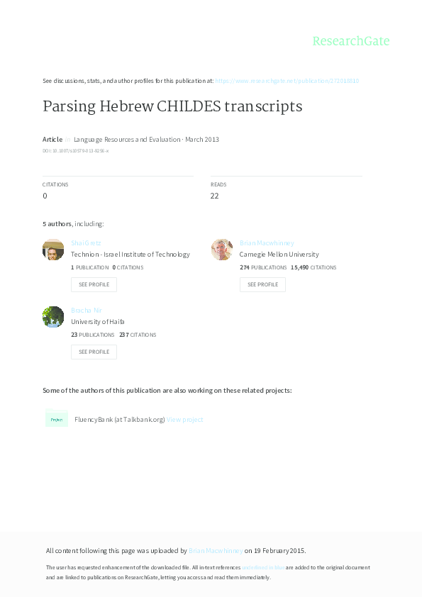 (PDF) Parsing Hebrew CHILDES transcripts