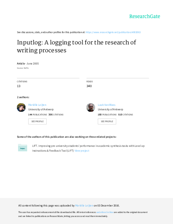 (PDF) Inputlog: A logging tool for the research of writing processes | Luuk Van Waes - Academia.edu