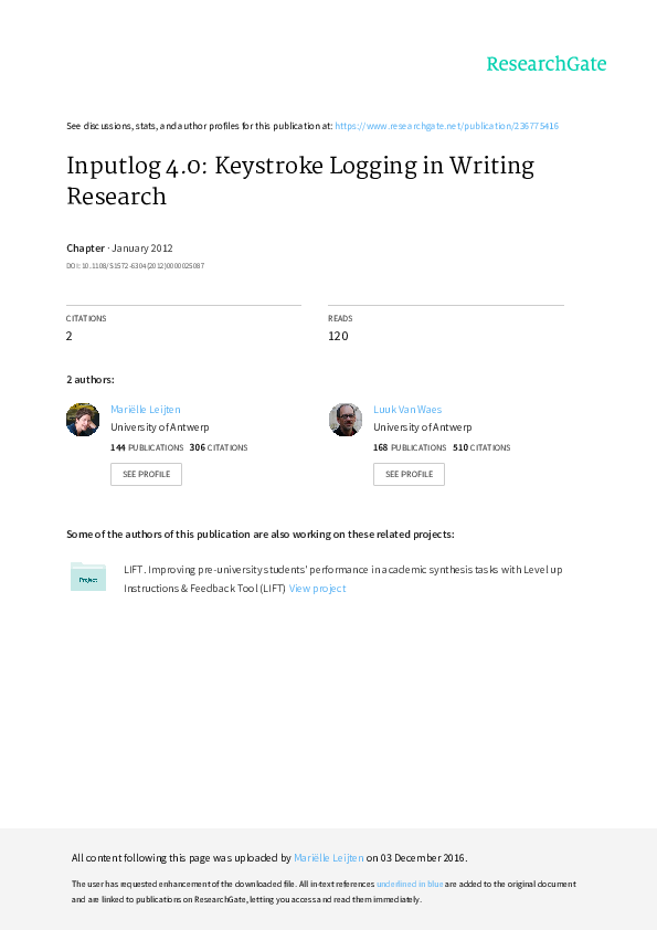 (PDF) Inputlog: New perspectives on the logging of on-line writing