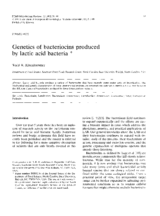 (PDF) Genetics of bacteriocins produced by lactic acid bacteria