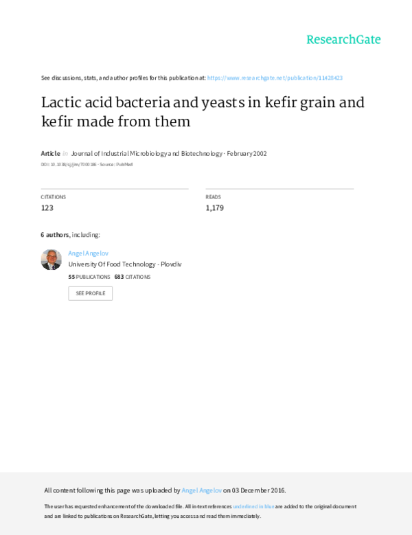 (PDF) Lactic acid bacteria and yeasts in kefir grains and kefir made from them