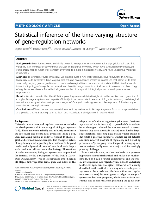 (PDF) Statistical inference of the time-varying structure of gene-regulation networks | Michael ...