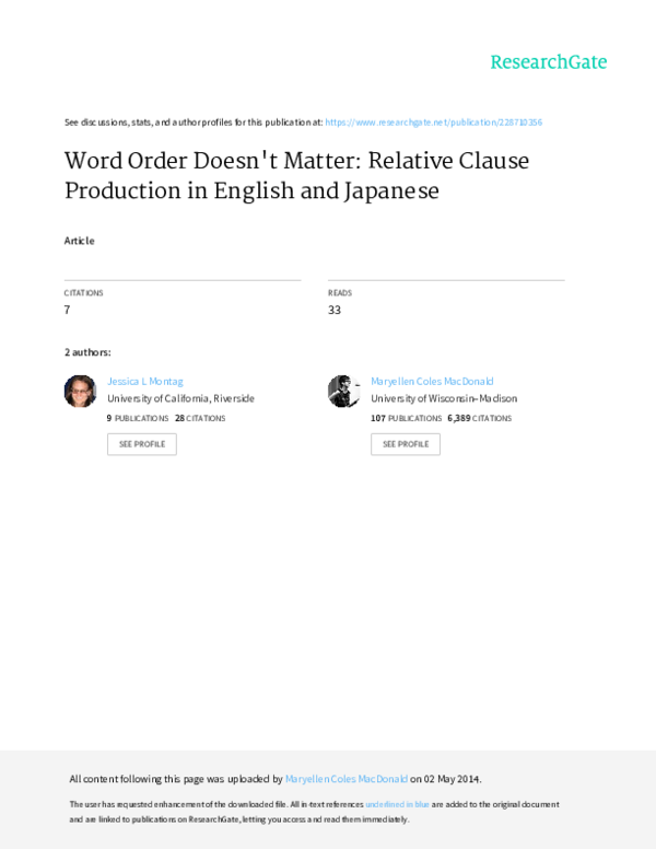 (PDF) Word order doesn't matter: Relative clause production in English ...