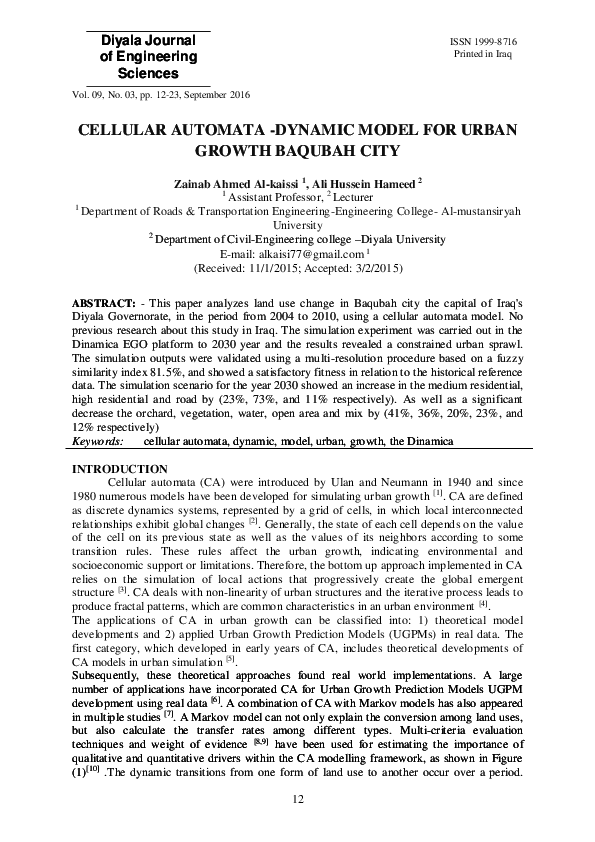 Pdf Cellular Automata Dynamic Model For Urban Growth Baqubah City