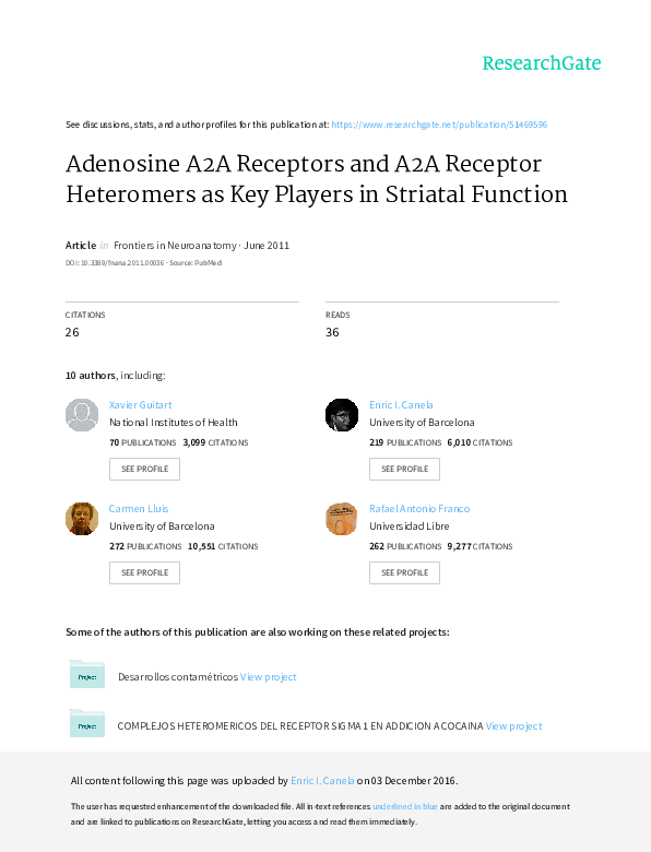 (PDF) Adenosine A2a receptors and A2a receptor heteromers as key ...