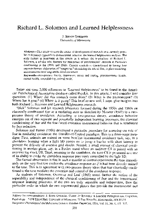 (PDF) Richard L. Solomon and learned helplessness