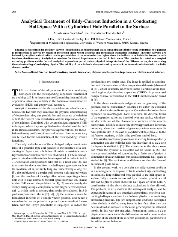 Pdf Calculation Of The Eddy Current Flow Around A Cylindrical Through Hole In A Finite