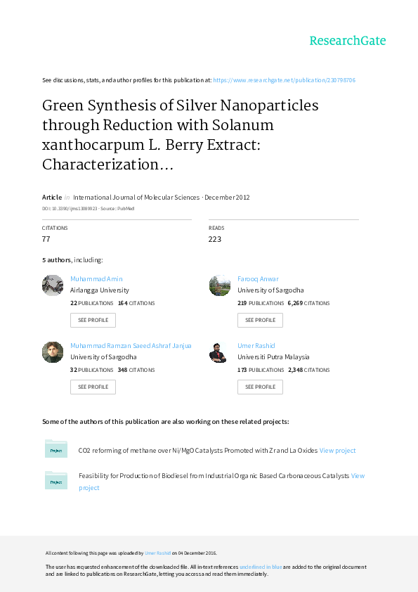 (PDF) Green Synthesis of Silver Nanoparticles through Reduction with Solanum xanthocarpum L ...