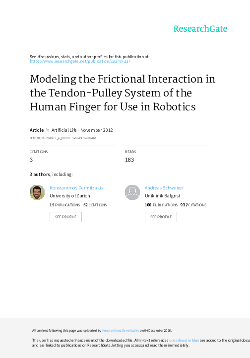 (PDF) Modeling the Frictional Interaction in the Tendon-Pulley System of the Human Finger for ...
