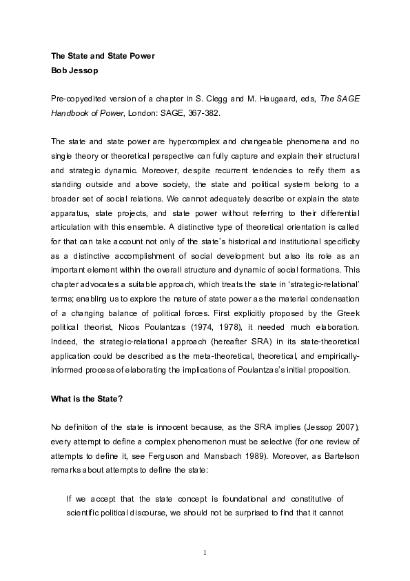 (PDF) The state and state power (in The SAGE handbook of power)