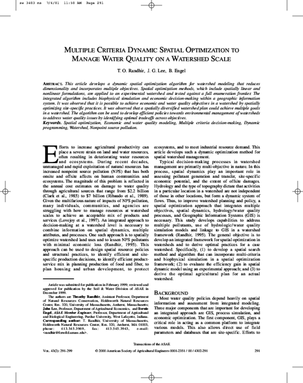 Pdf Multiple Criteria Dynamic Spatial Optimization To Manage Water