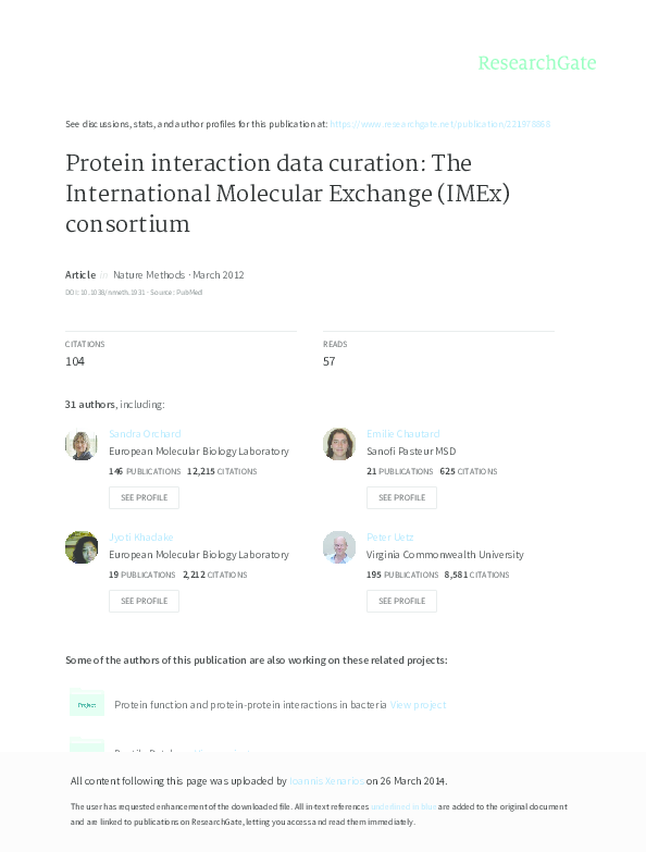 (PDF) Protein interaction data curation: the International Molecular Exchange (IMEx) consortium