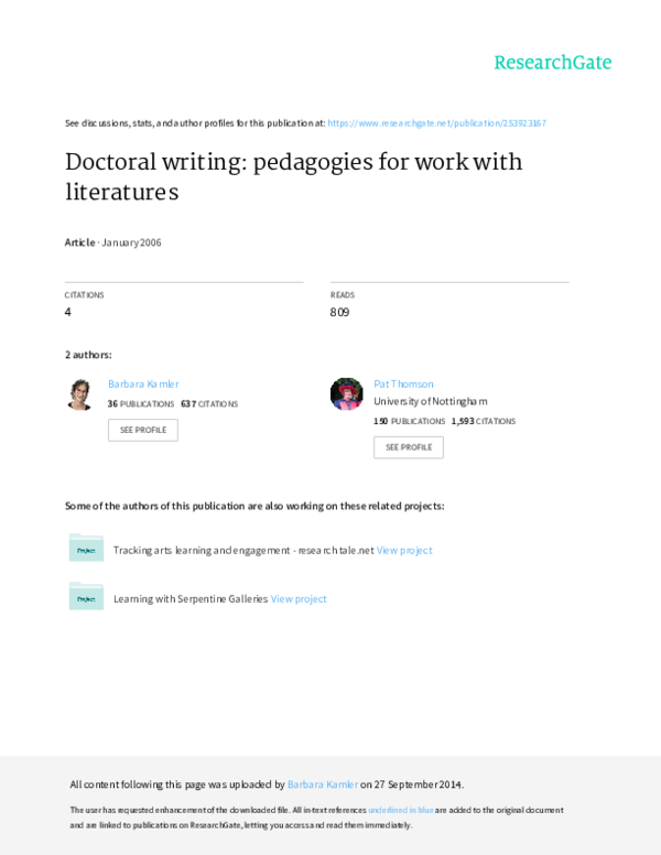 (PDF) Doctoral writing: pedagogies for work with literatures