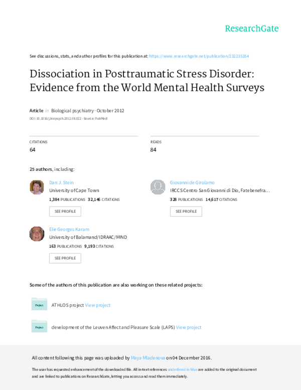 (PDF) Dissociation in Posttraumatic Stress Disorder: Evidence from the World Mental Health Surveys