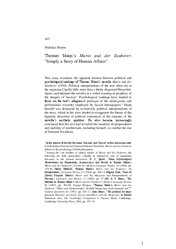 (PDF) Thomas Mann's 'Mario und der Zauberer': "Simply a Story of Human ...