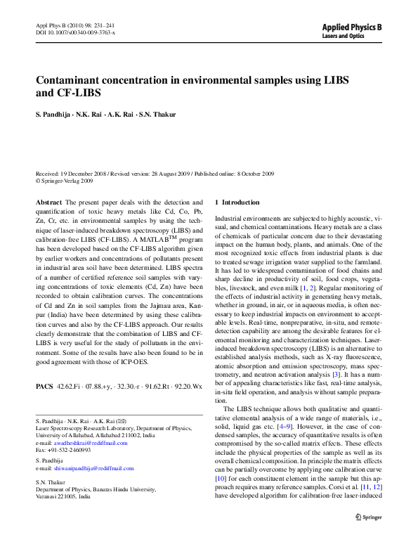 (PDF) Contaminant concentration in environmental samples using LIBS and ...