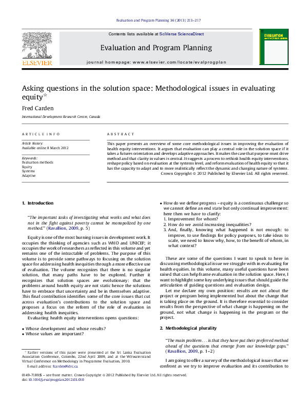 (PDF) Asking questions in the solution space: Methodological issues in evaluating equity