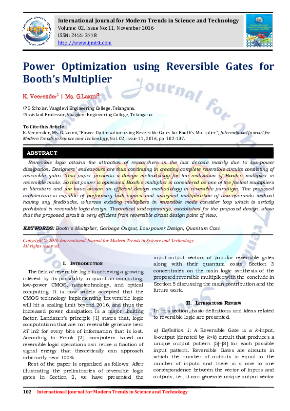 Pdf Power Optimization Using Reversible Gates For Booths Multiplier