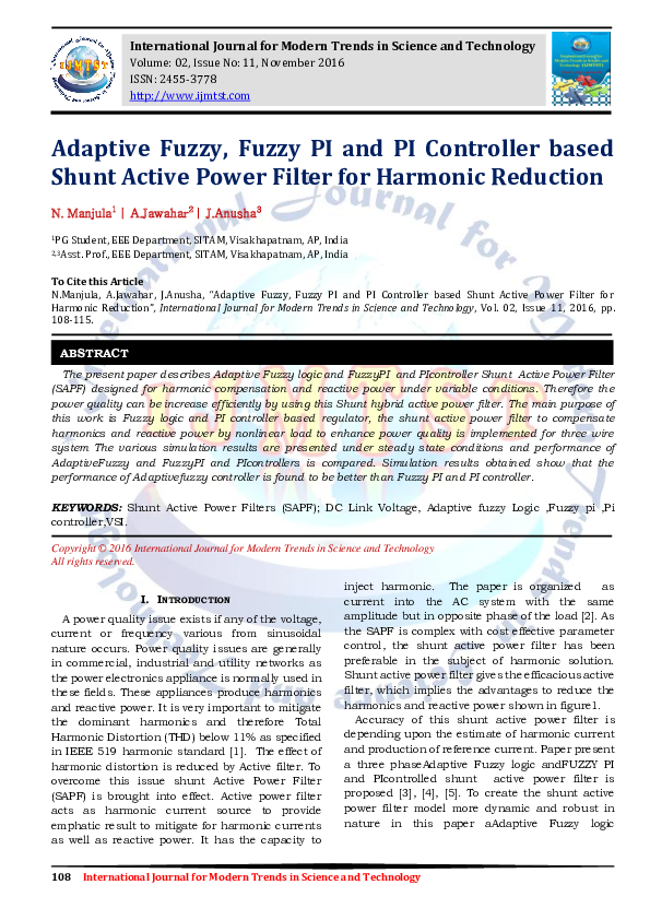 (PDF) Adaptive Fuzzy, Fuzzy PI and PI Controller based Shunt Active Power Filter for Harmonic ...