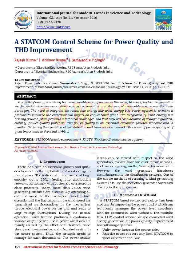 (PDF) A STATCOM Control Scheme for Power Quality and THD Improvement