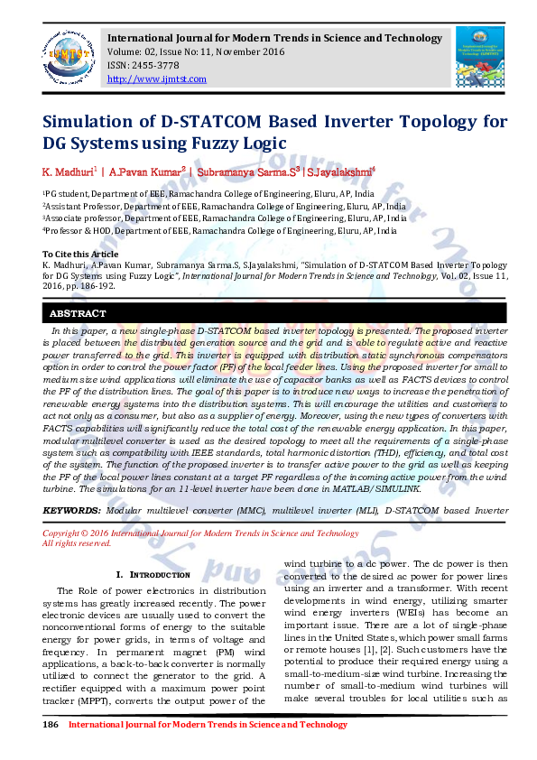 Pdf Simulation Of D Statcom Based Inverter Topology For Dg Systems