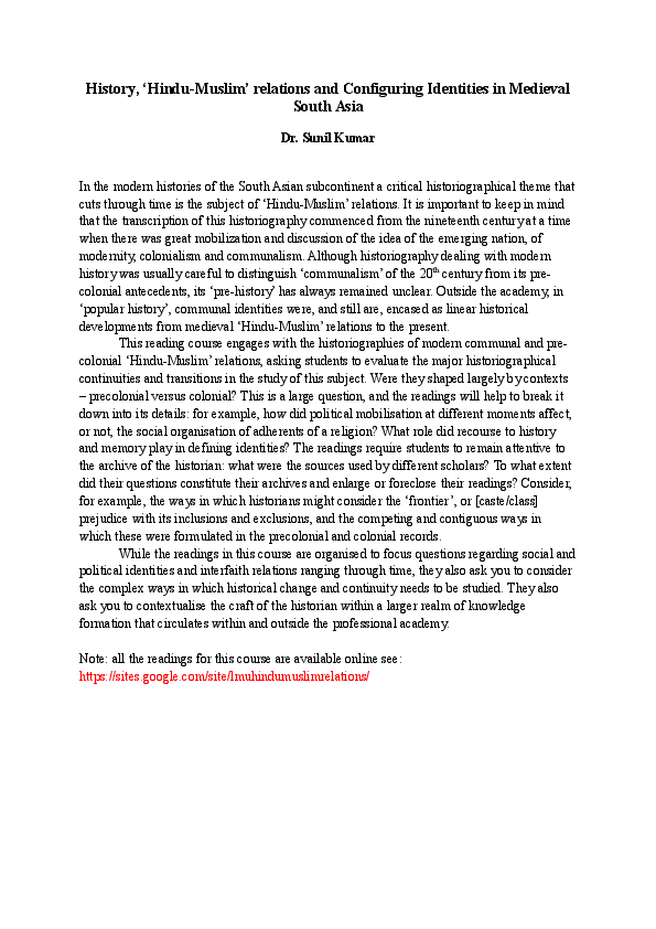 (DOC) History, ‘Hindu-Muslim’ relations and Configuring Identities in ...