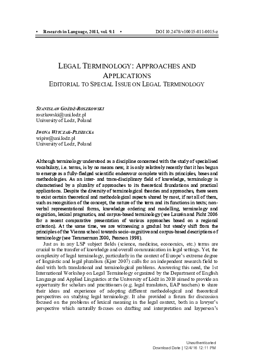 (PDF) Legal Terminology: Approaches and Applications