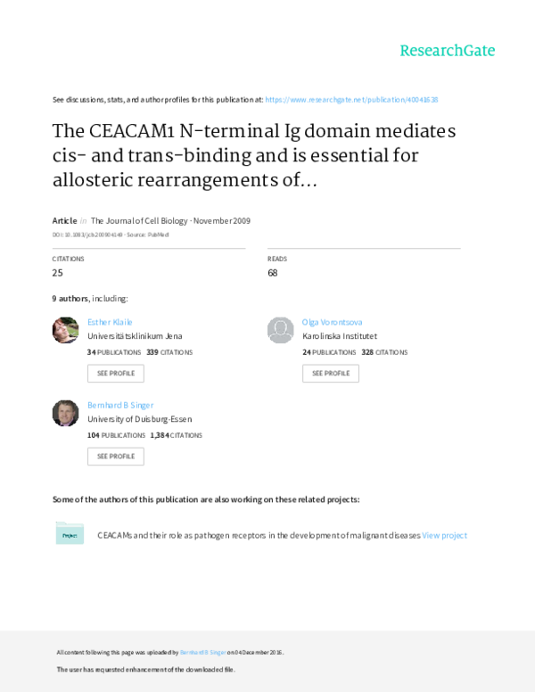 (PDF) The CEACAM1 N-terminal Ig domain mediates cis- and trans-binding ...