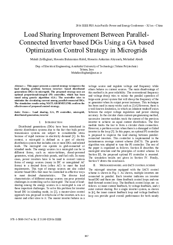 (PDF) Load Sharing Improvement Between Parallel- Connected Inverter based DGs Using a GA based ...
