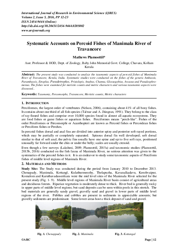 (PDF) Systematic Accounts on Percoid Fishes of Manimala River of Travancore