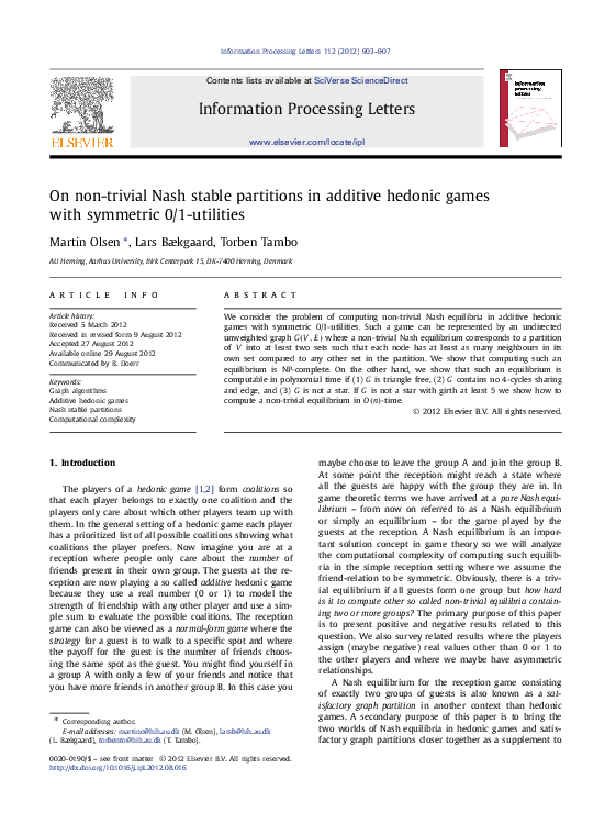 (PDF) On non-trivial Nash stable partitions in additive hedonic games ...