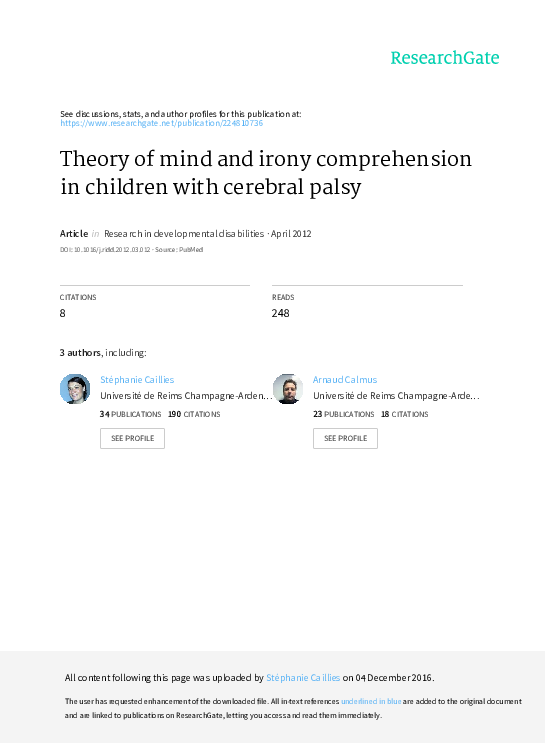 (PDF) Theory of mind and irony comprehension in children with cerebral palsy