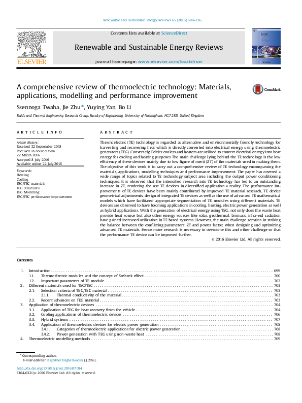 (PDF) A comprehensive review of thermoelectric technology: Materials ...