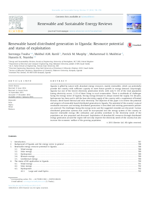 (PDF) Renewable based distributed generation in Uganda: Resource potential and status of ...