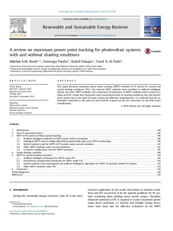 Pdf A Review On Maximum Power Point Tracking For Photovoltaic Systems With And Without Shading
