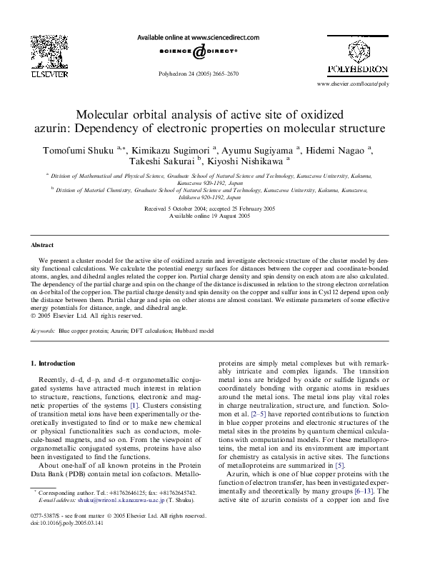 (PDF) Molecular orbital analysis of active site of oxidized azurin ...