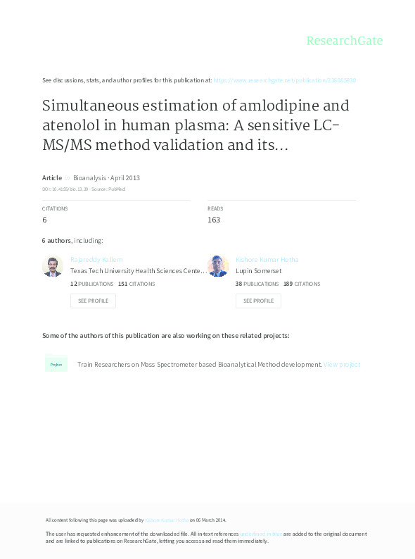 (PDF) Simultaneous estimation of amlodipine and atenolol in human plasma: a sensitive LC–MS/MS ...