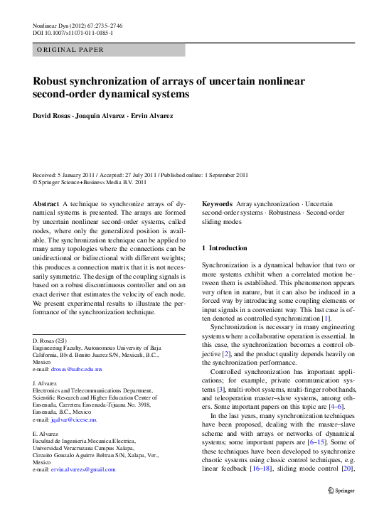 Pdf Robust Synchronization Of Arrays Of Uncertain Nonlinear Second