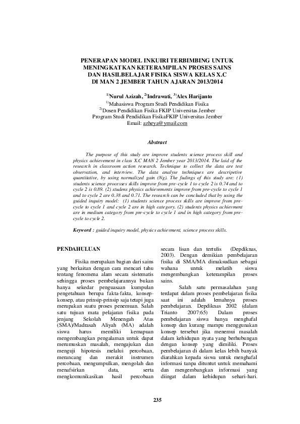 (PDF) PENERAPAN MODEL INKUIRI TERBIMBING UNTUK MENINGKATKAN KETERAMPILAN PROSES SAINS DAN ...