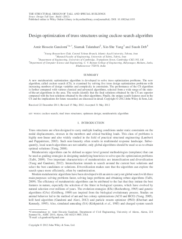 Pdf Design Optimization Of Truss Structures Using Cuckoo Search Algorithm