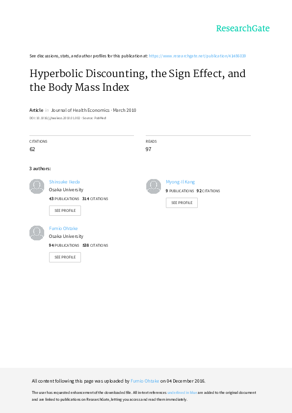 (PDF) Hyperbolic discounting, the sign effect, and the body mass index